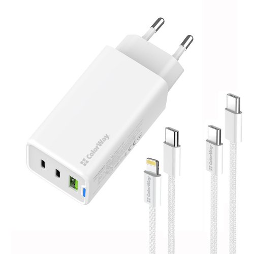 Мережевий зарядний пристрій ColorWay GaN Mini USB + 2 x USB Type-C 65W ...