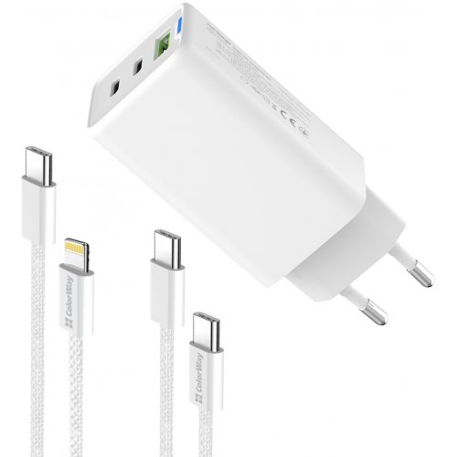 Мережевий зарядний пристрій ColorWay GaN Mini USB + 2 x USB Type-C 65W ...