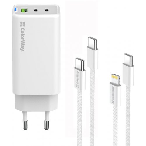 Мережевий зарядний пристрій ColorWay GaN Mini USB + 2 x USB Type-C 65W ...