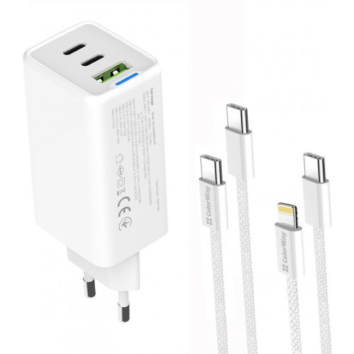 Сетевое зарядное устройство ColorWay GaN Mini USB + 2 x USB Type-C 65W ...